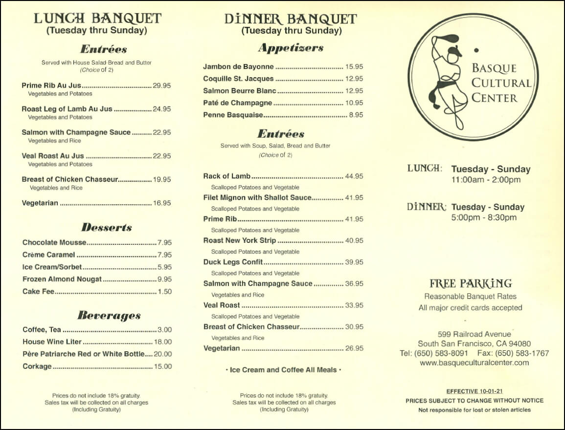 Banquet Menu | Basque Cultural Center